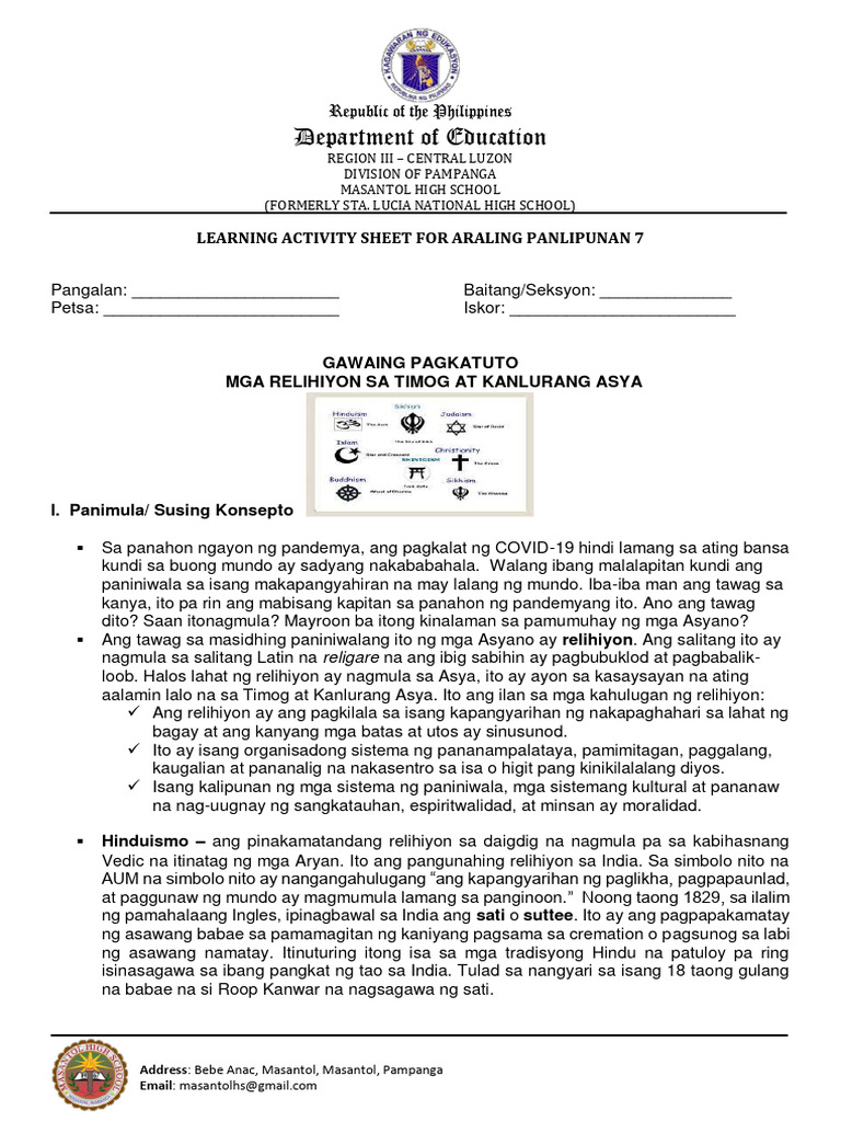 FINAL-AP7-Q3 LAS Aralin 6- Mga Relihiyon sa Timog at Kanlurang Asya | PDF