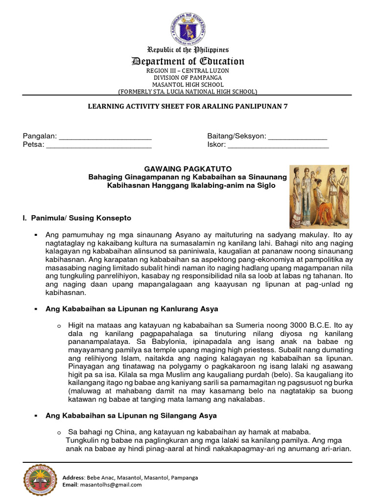 FINAL-AP7-Q2 LAS Aralin7 - Katayuan NG Mga Kababaihan Sa Sinaunang Panahon | PDF