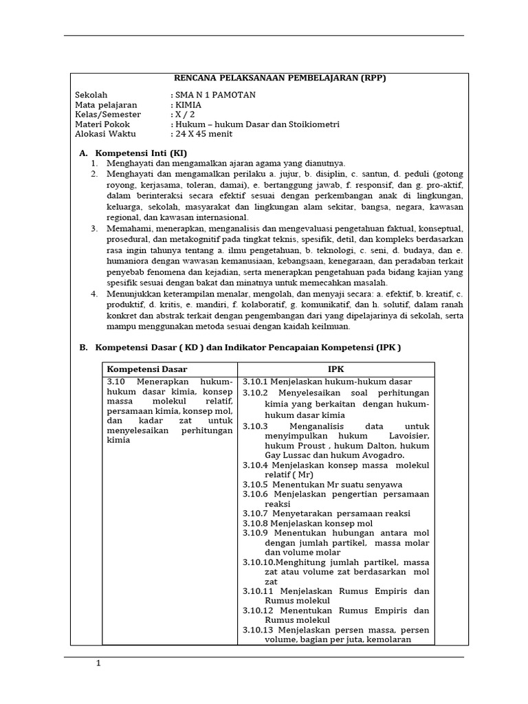 RPP Kimia Kelas X - KD 3.8 RPP HK Dasar Dan Stoikiometri Oke | PDF