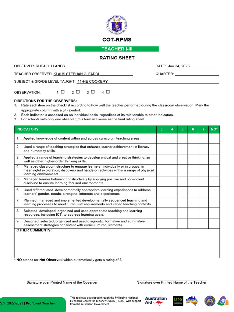 Teacher Observation Rating Sheet 2023 | PDF | Learning | Teachers