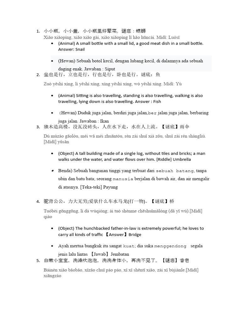 Teka-Teki Bahasa Mandarin | PDF
