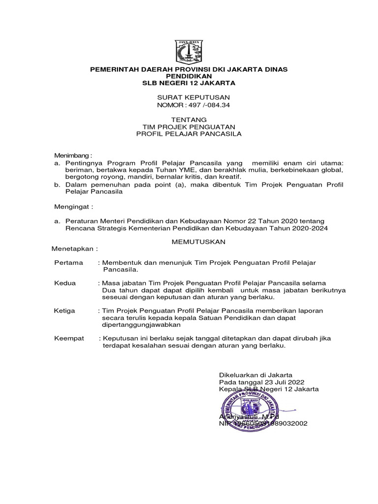 SK Tim Projek Penguatan Profil Pelajar Pancasila | PDF | Karier ...