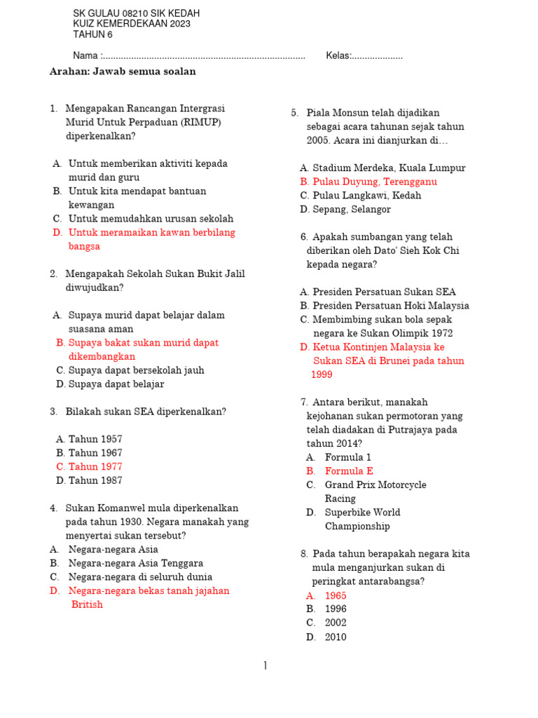 Soalan Kuiz Kemerdekaan Tahun 6 | PDF