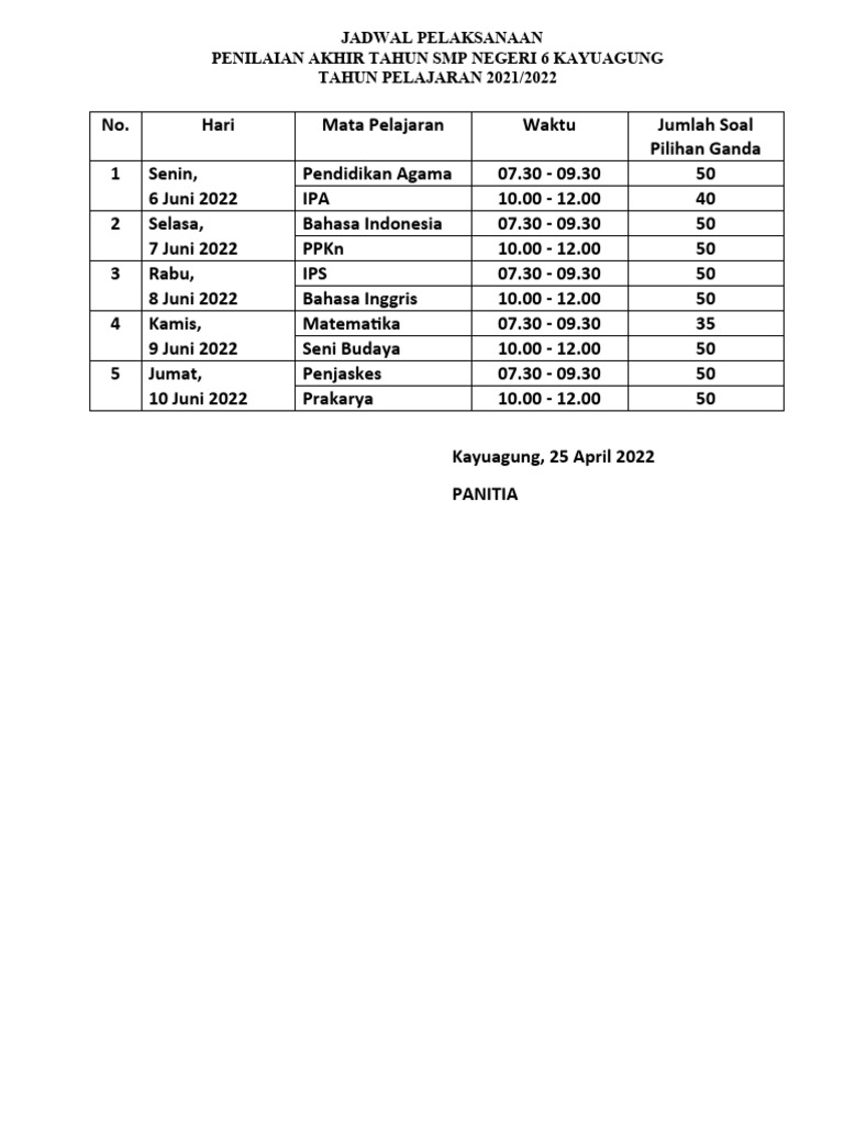 Jadwal Pat. Th. 2021 2022 | PDF