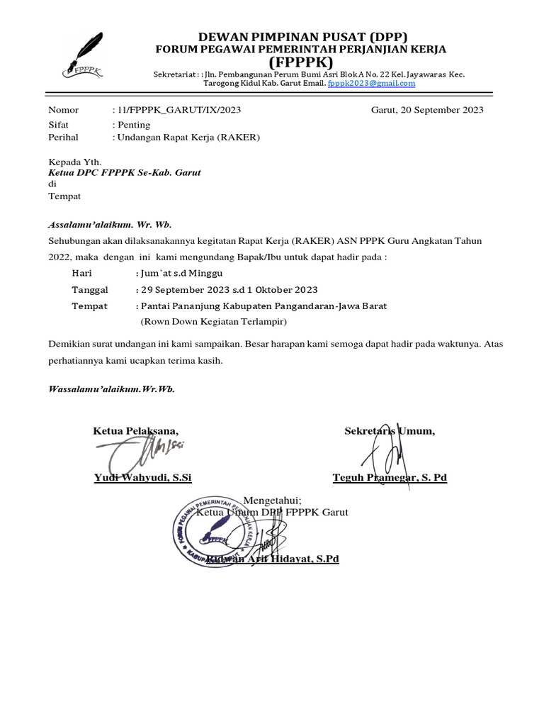 Undangan Rapat Kerja FPPPK Garut 2023 | PDF