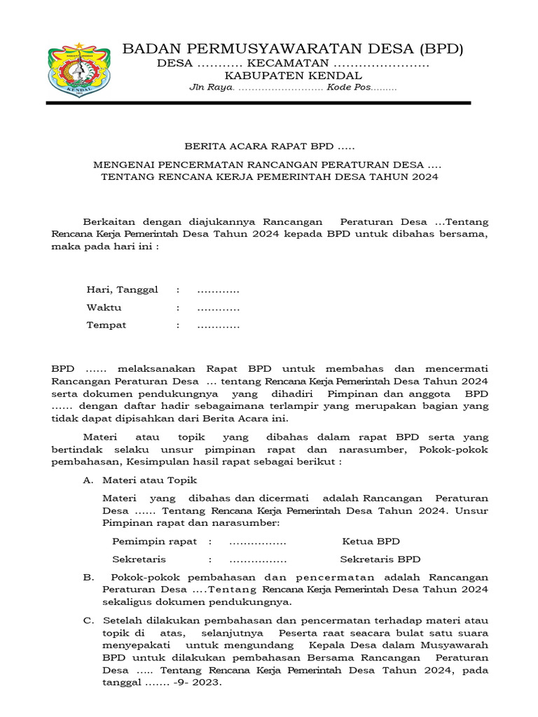 Ba-Rapat BPD Pembahaan Raperdes Rkpdes 2024 | PDF