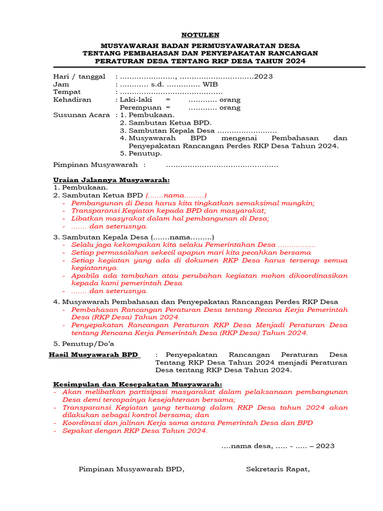 Notulensi Musyawarah BPD Perdes - RKP Desa 2024 | PDF