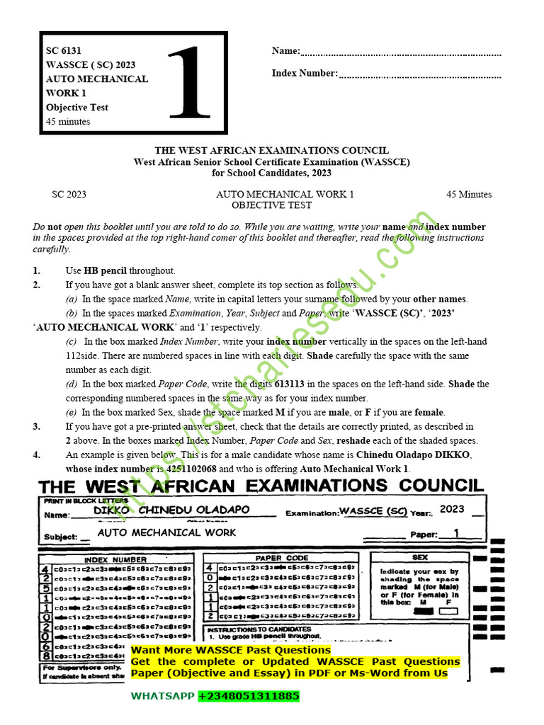 WASSCE 2023 Auto Mechanical Work Exam | PDF | Mechanical Engineering ...