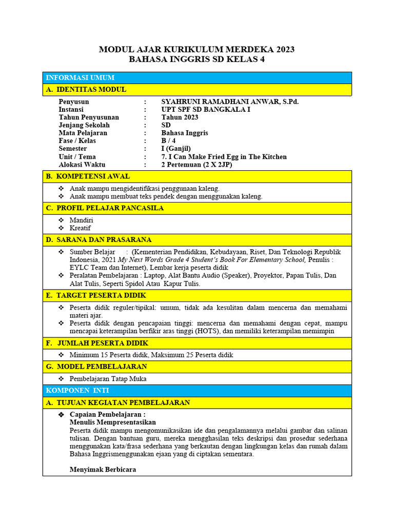 MODUL AJAR UNIT 7 - B. Inggris KLS 4 | PDF