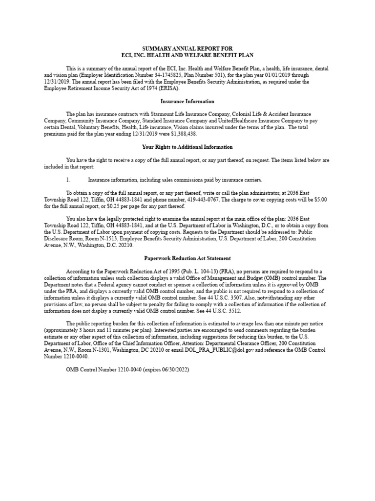 Summary Annual Report Welfare Benefit Plan | PDF