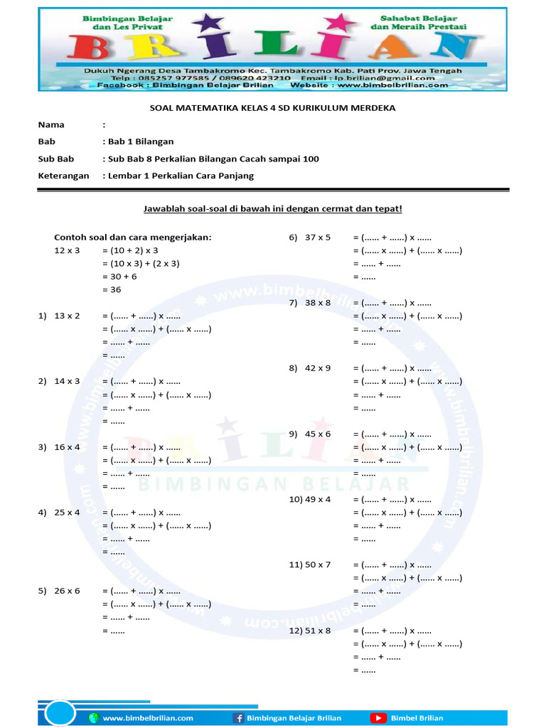 Soal Matematika Kelas 4 SD Lembar 1 Perkalian Cara Panjang | PDF