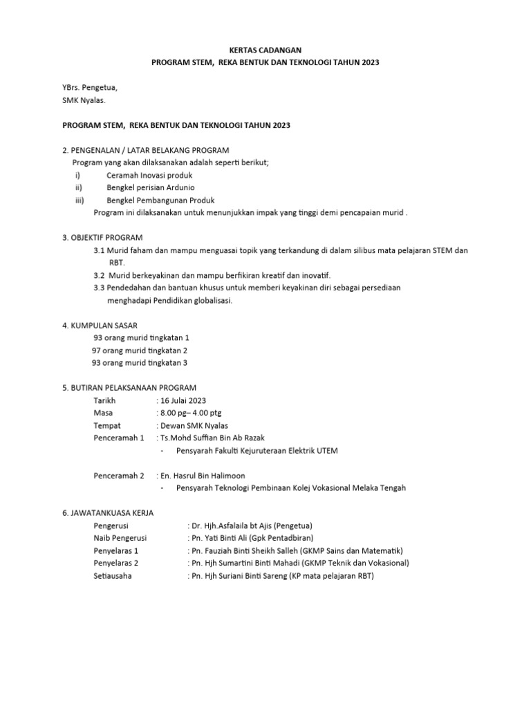 Kertas Kerja PROGRAM PANITIA RBT STEM 2023 | PDF