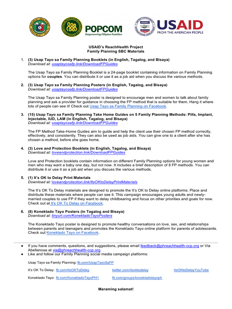 A Guide To USAID - S ReachHealth Project - SBC Materials For Family Planning | PDF