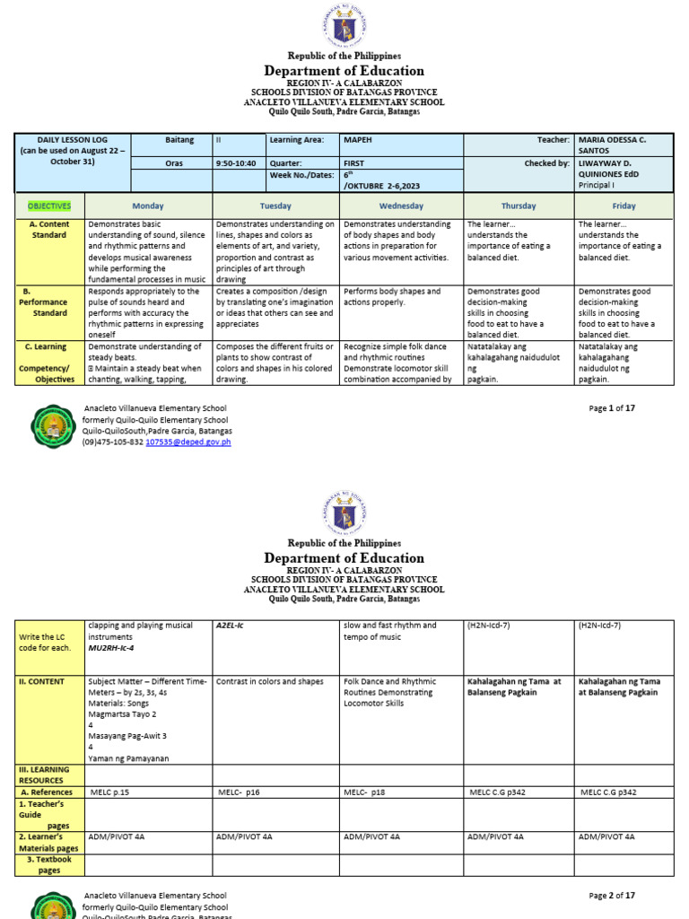 Mocs Week 6 DLL Mapeh | PDF