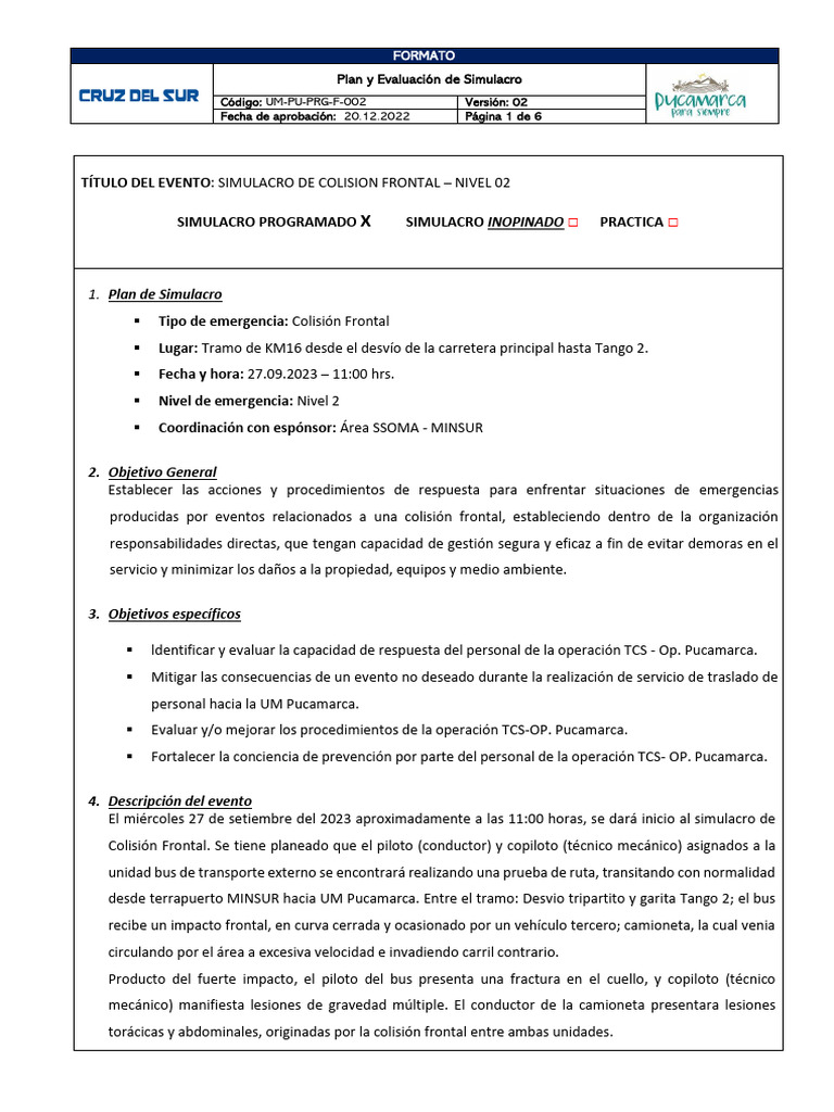 UM-PU-PRG-001-F-002 Formato Plan y Evaluación de Simulacro V2 - CDS | PDF