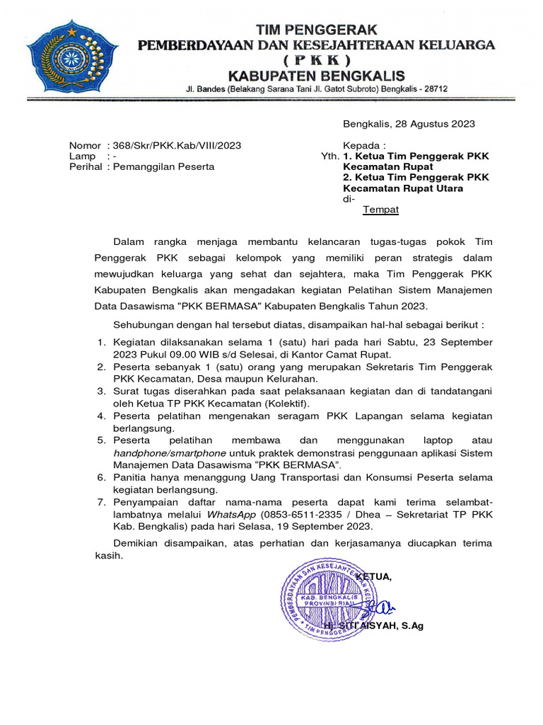 368 Surat Permintaan Peserta Pelatihan SIM PKK - RUPAT & UTARA | PDF