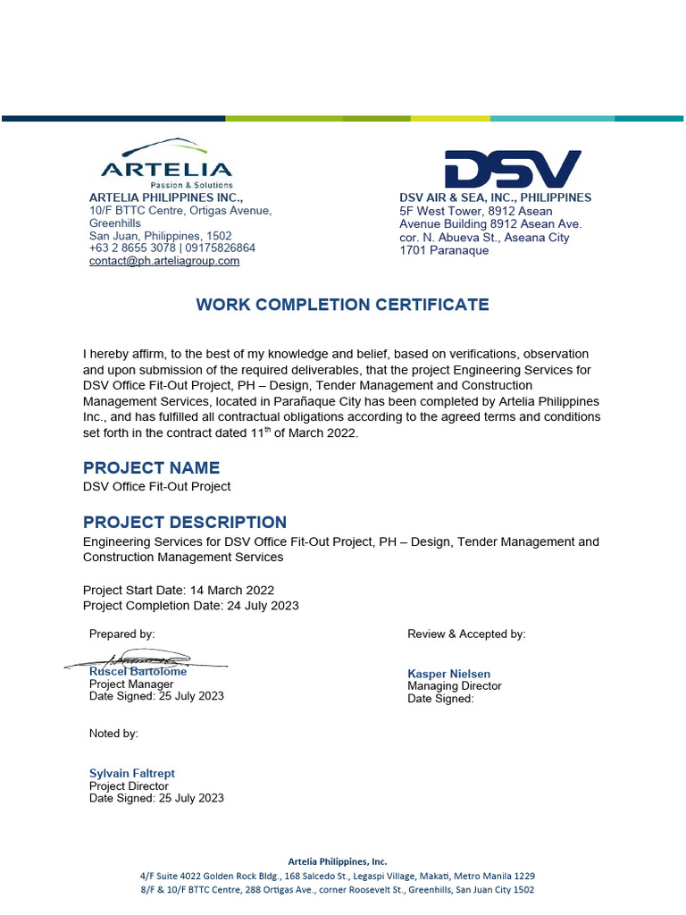 Work Completion Certificate - DSV - 20230725 - Rev01 | PDF