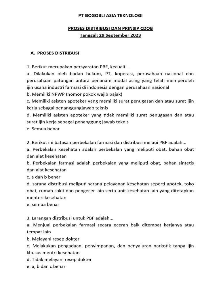 Soal Proses Distribusi Dan Prinsip Cdob 26 Sept 2023 | PDF