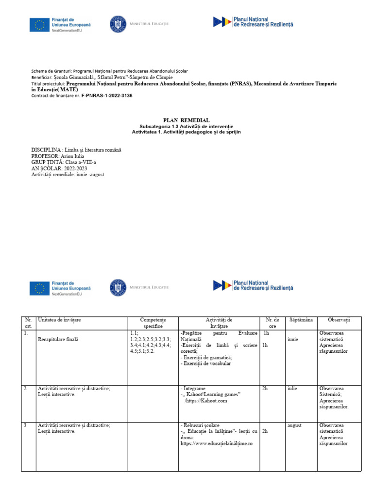 Plan Remedial 8 Iunie | PDF