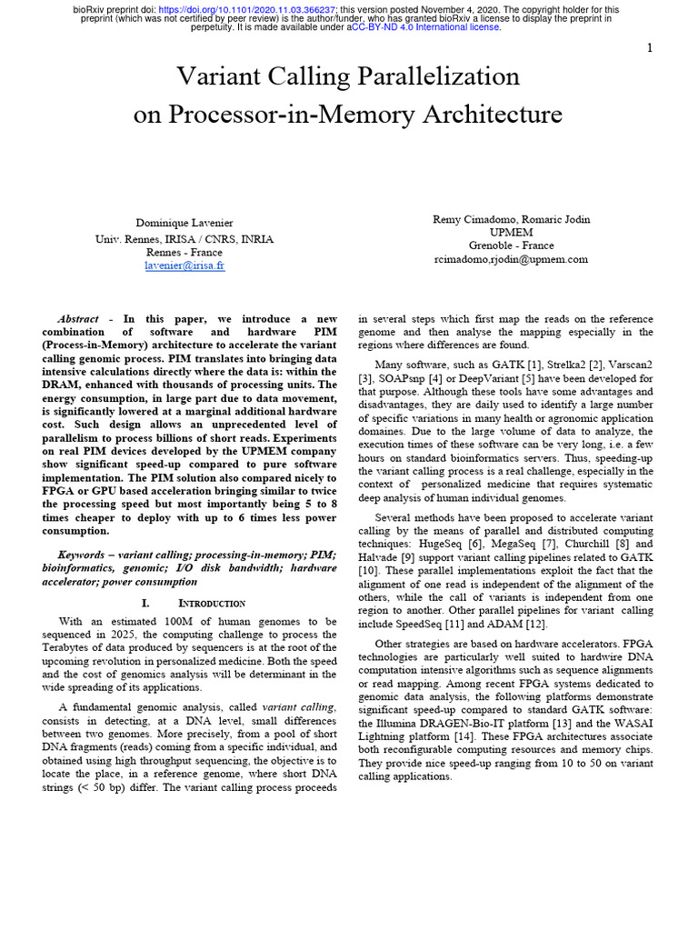 Variant Calling Parallelization On Processor-In-Memory - Pdfe | PDF
