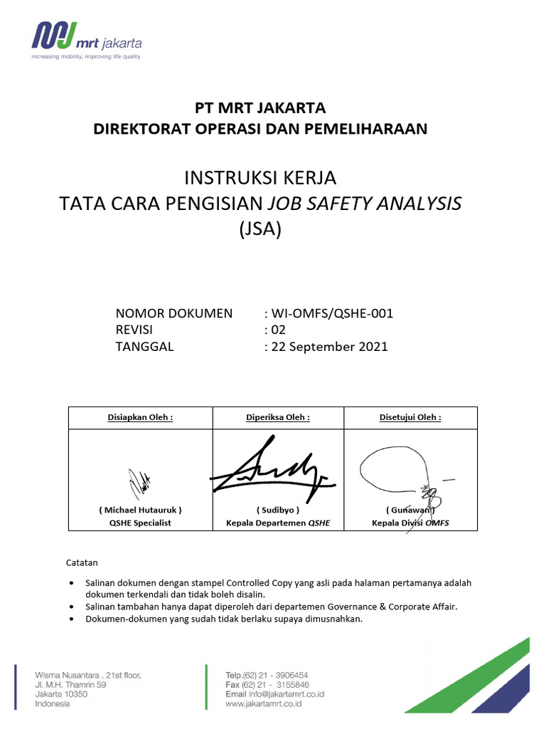 WI-OMFS-QSHE-001 - IK Tata Cara Pengisian JSA - Signed - Rev 02 | PDF