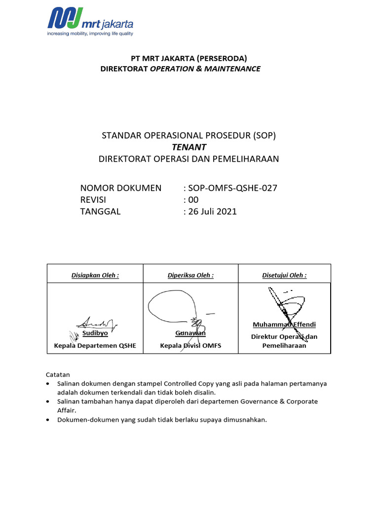 SOP-OMFS-QSHE-027 - SOP Tenant | PDF