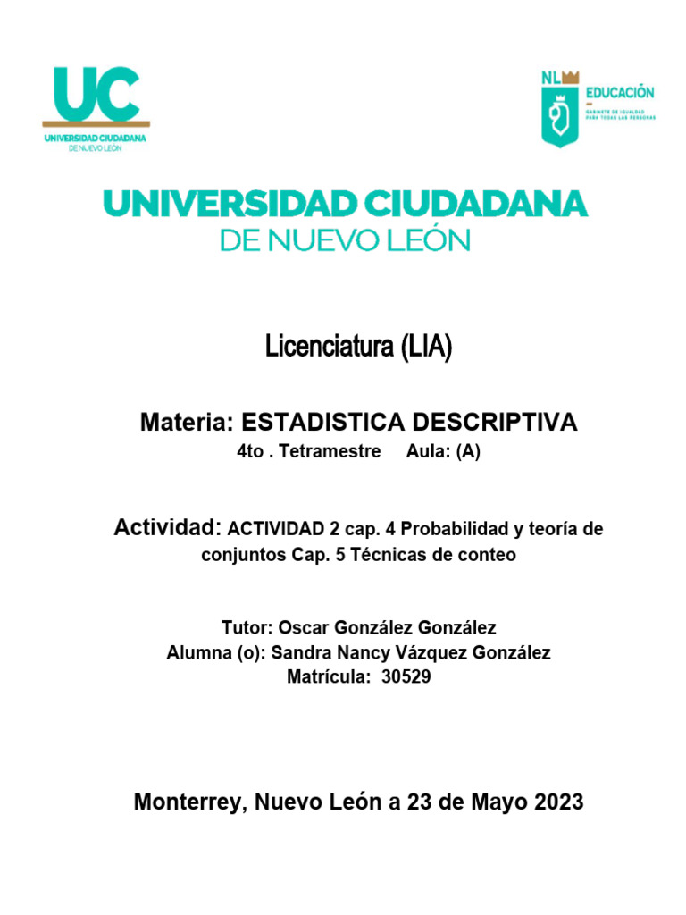 ED Actividad 2 Cap 4 Probabilidad y Teoria de Conjuntos Cap 5 Tecnicas de Conteo | PDF