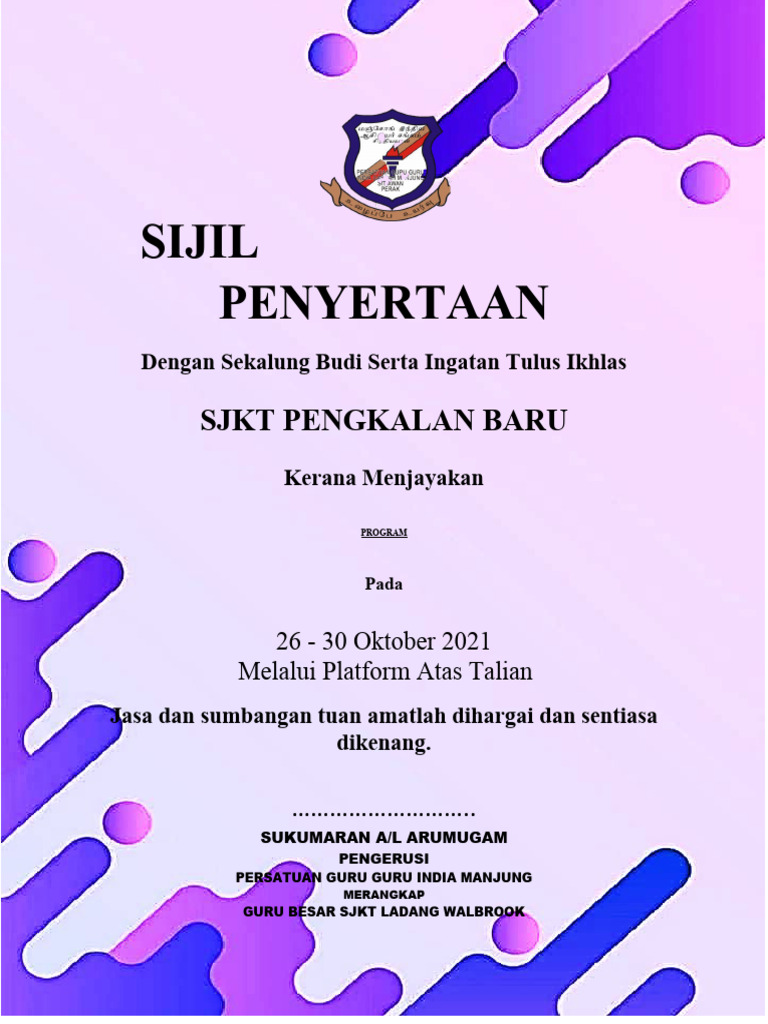 Sijil Penyertaan Program SJKT 2021 | PDF