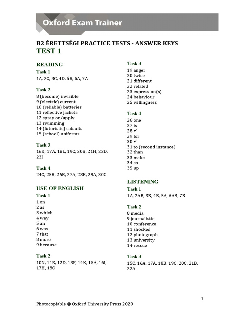 OET B2 Erettsegi Practice Tests Answer Keys | PDF