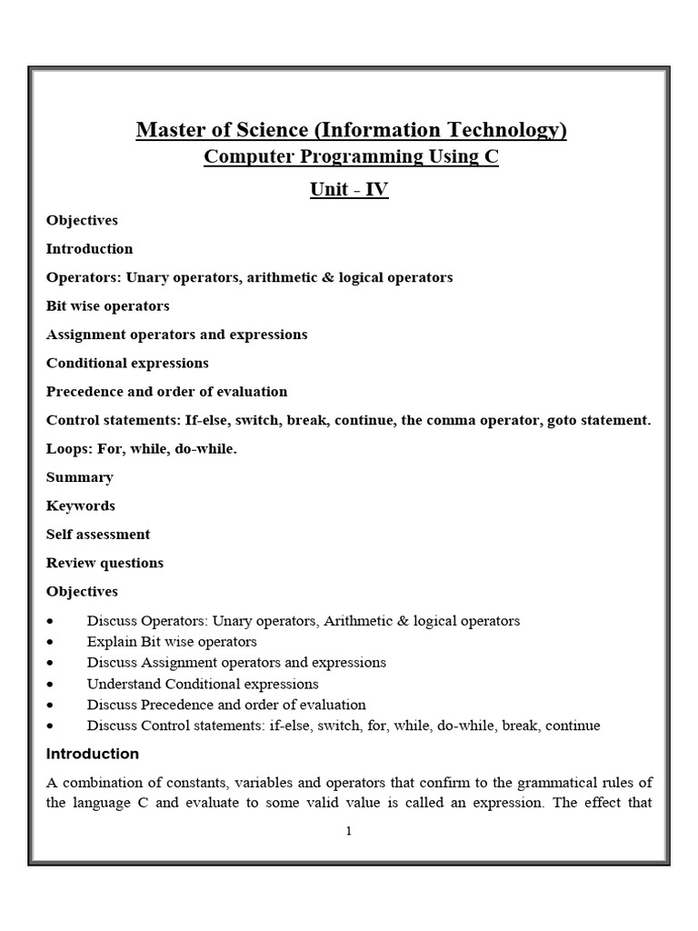 computer_programming_using_c_unit_iv_objectives | PDF