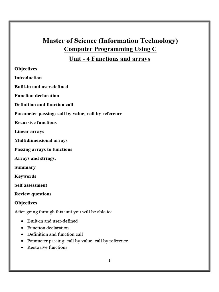 Computer Programming Using C Unit IV Function and Arrays | PDF