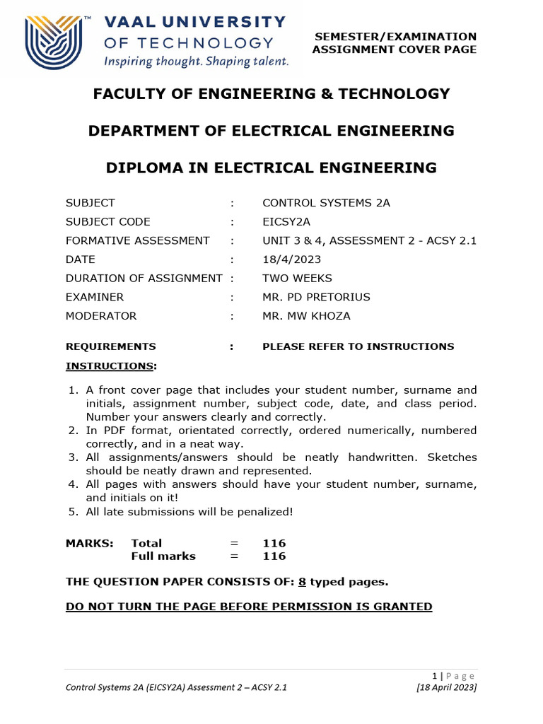 Control Systems 2A Assignment Cover | PDF