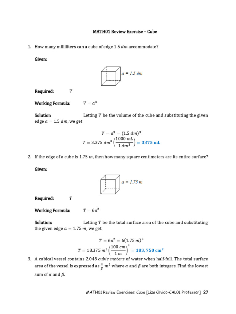 Cube Volume and Surface Area Exercises | PDF