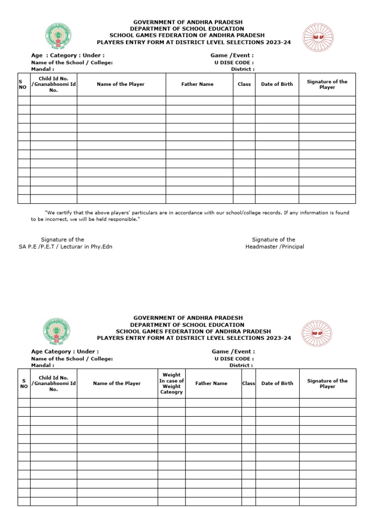 District Level Players Entry Forms 2023-24 SGF-AP | PDF