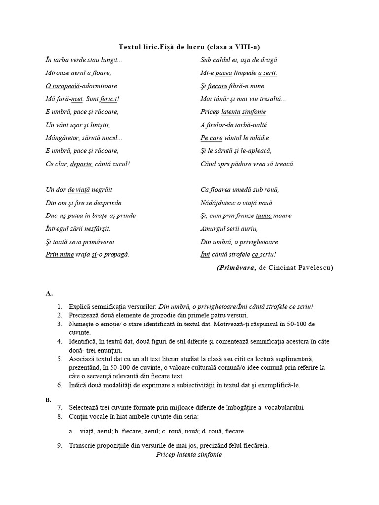 Textul Liric Clasa A Viiia. Fisa de Lucru | PDF