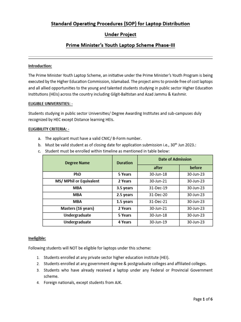 SOP For Laptop Distribution Under PMYLS Phase-III | PDF