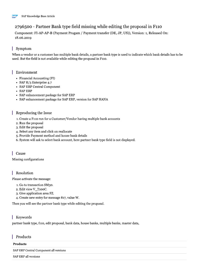 SAP Note - 2796500 - Partner Bank Type Field Missing | PDF