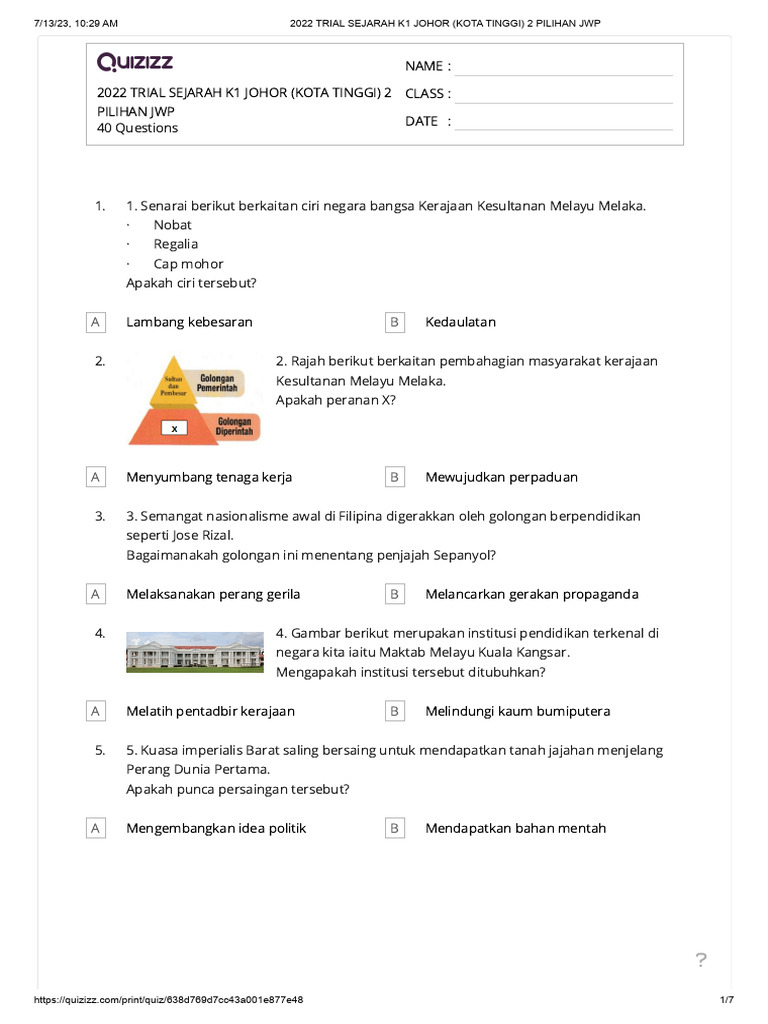 2022 Trial Sejarah K1 Johor (Kota Tinggi) 2 Pilihan JWP | PDF