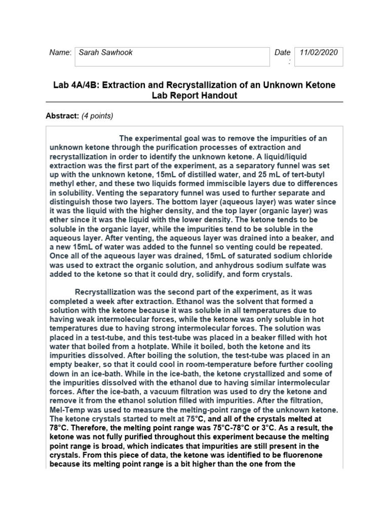 Lab 4A/4B: Extraction and Recrystallization of An Unknown Ketone Lab Report Handout | PDF