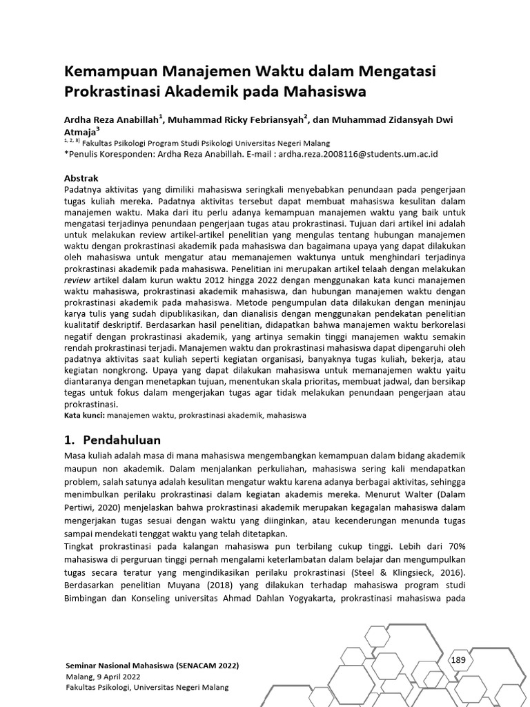 Kemampuan Manajemen Waktu Dalam Mengatasi Prokrastinasi Akademik Pada Mahasiswa | PDF