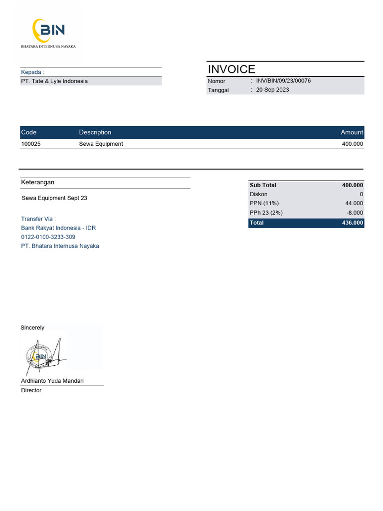 Invoice Siganature Tate Sept23 Sewa | PDF