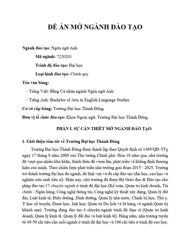 ĐỀ ÁN MỞ NGÀNH NGÔN NGỮ ANH 2020 - TDU | PDF