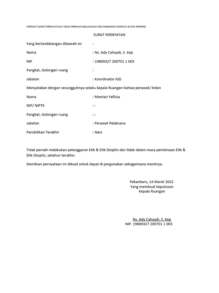 Format Surat Pernyataan Tidak Pernah Melakukan Pelanggaran Etik | PDF Format Surat Pernyataan Tidak Pernah Melakukan Pelanggaran Etik | PDF