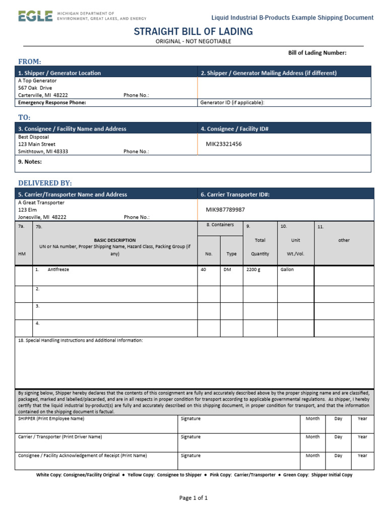 Example Bill of Lading Waste | PDF | Cargo | Bill Of Lading