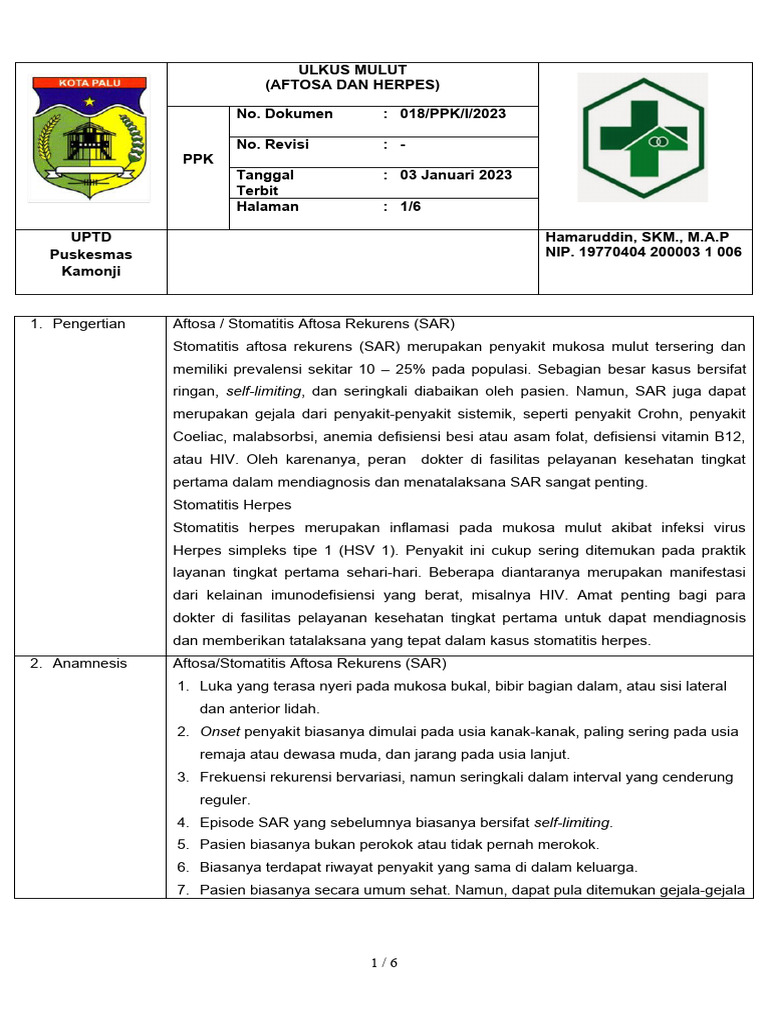 PPK Ulkus Mulut (Aftosa, Herpes) | PDF