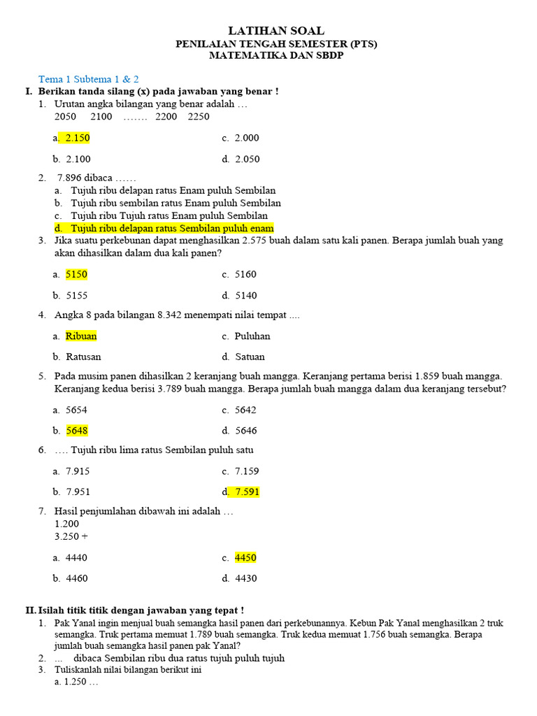 Soal PTS Kelas 3 Tema 1&2 MTK | PDF