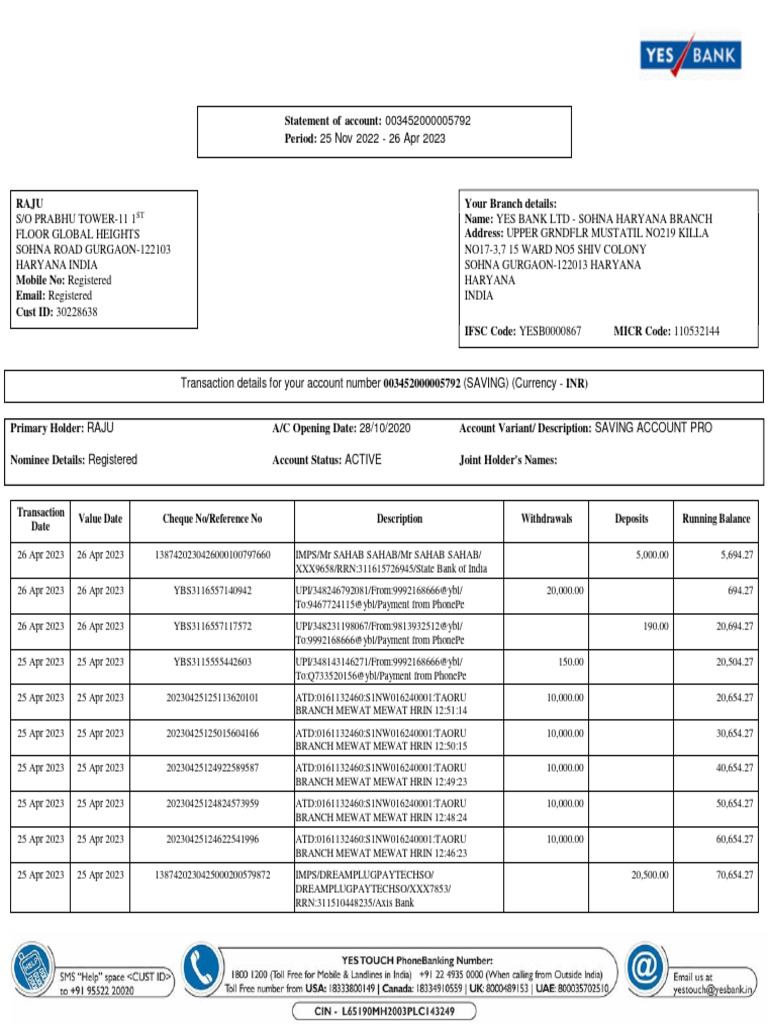 Yes Bank Stement PDF | PDF