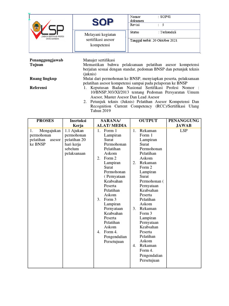 2 SOP Melayani Kegiatan Sertifikasi Asesor Kompetensi Rev-2 | PDF