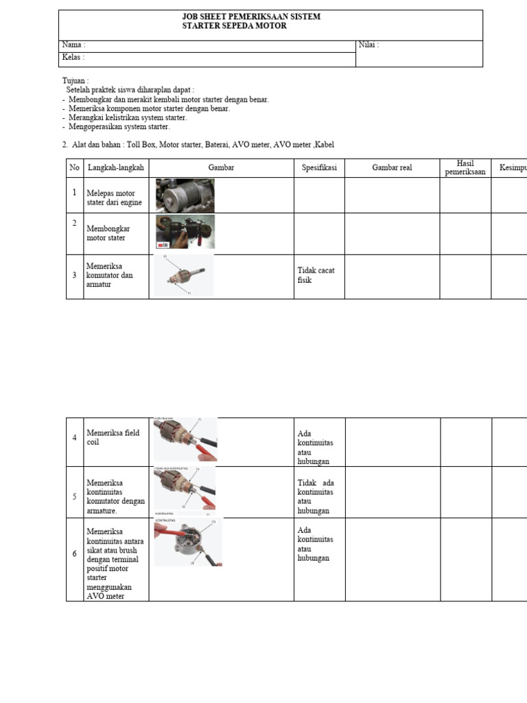 Job Sheet Pemeriksaan Motor Starter | PDF
