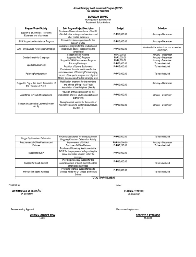 Annual Barangay Youth Investment Program BIWANG | PDF